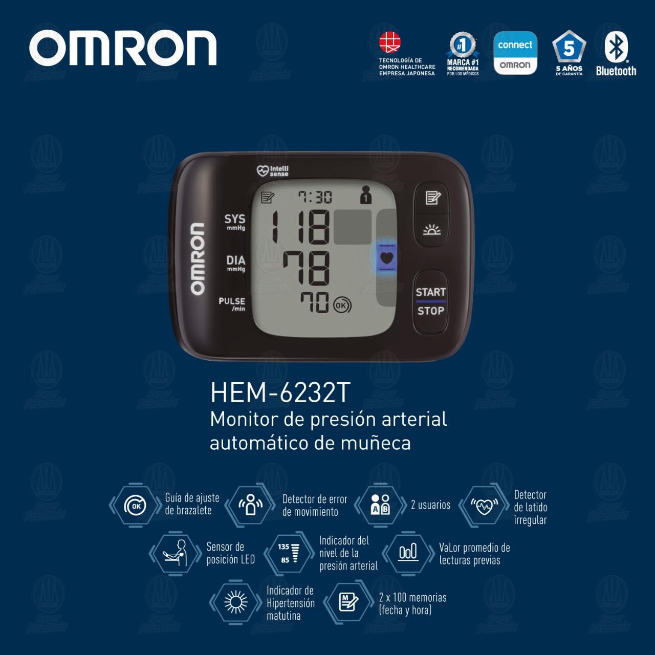 Monitor Omron de Presión Arterial de Muñeca Automático Mod HEM-6232T, 1 ...