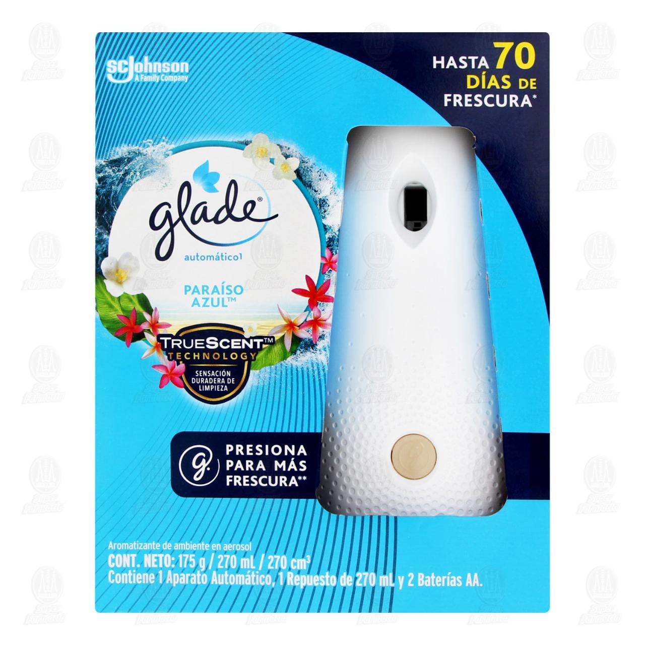 Pack Glade Aparato Automático + Repuesto Aroma Paraíso Azul de 270 ml + 2 Baterías AA, 4 pzas.