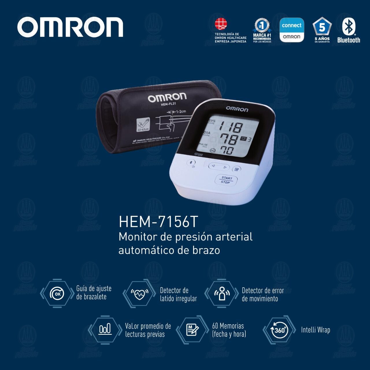 Monitor Omron de Presión Arterial de Brazo Automático Mod HEM-7156T, 1 ...