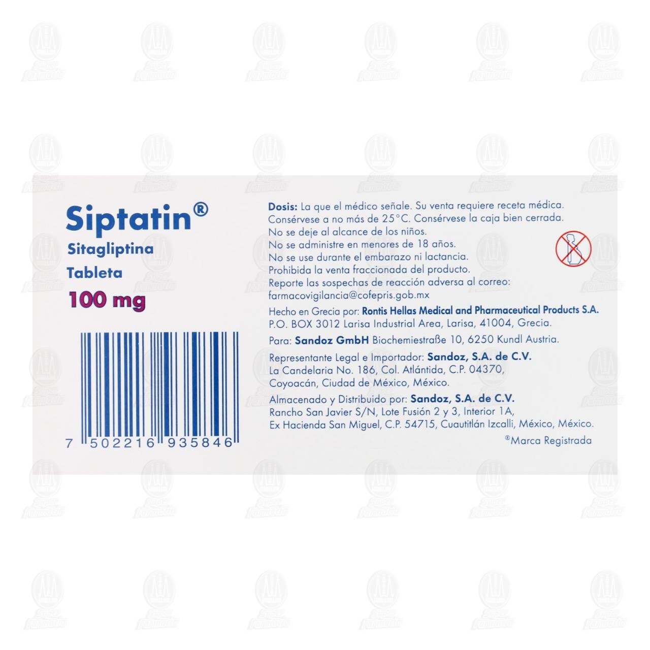 Siptatin 100 mg, 28 Tabletas. de SIPTATIN | Farmacias Guadalajara