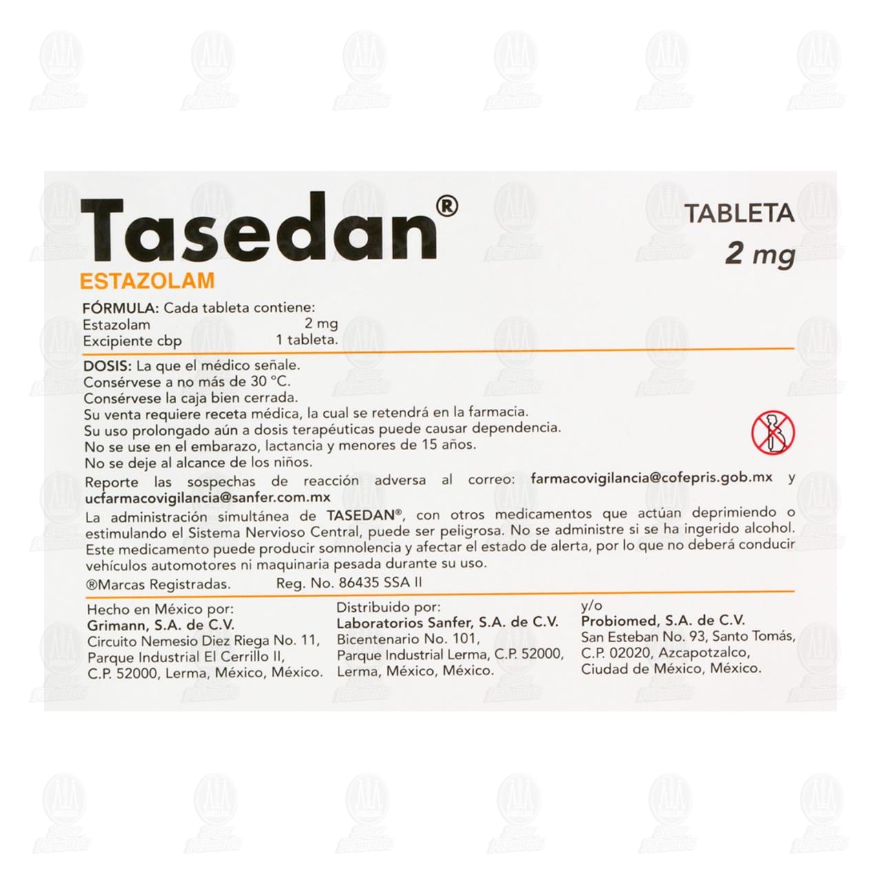 Tasedan 2 mg, 60 Tabletas. de TASEDAN | Farmacias Guadalajara