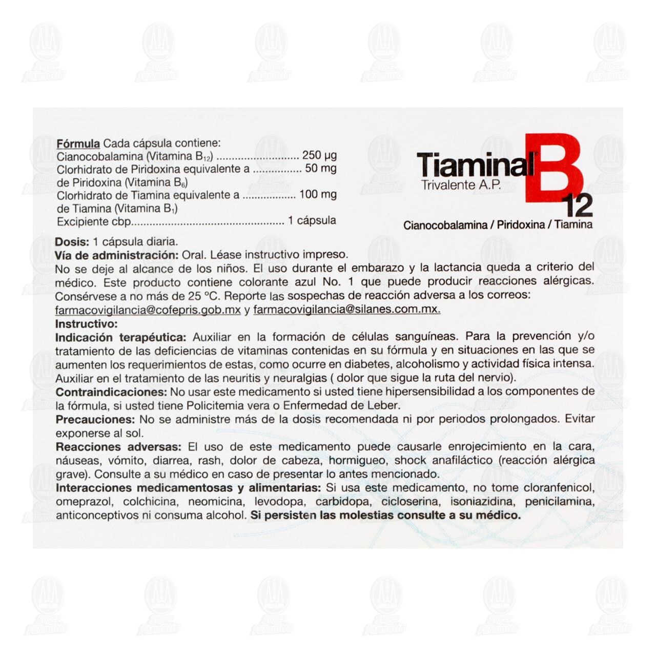 Tiaminal B12 Trivalente AP 250mcg/50mg/100mg, 30 Cápsulas. de TIAMINAL ...
