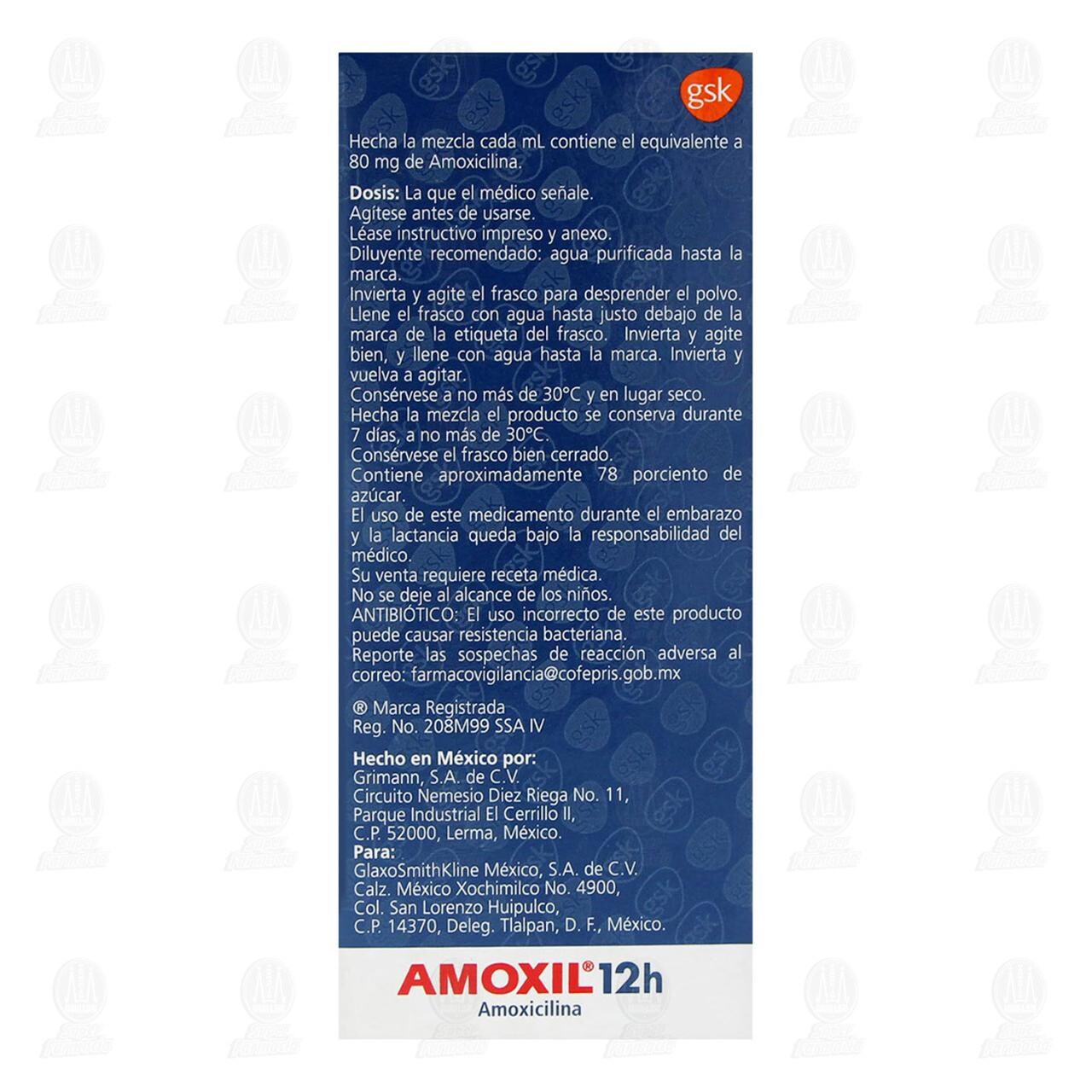 Amoxil 12h 400mg/5ml, 50 ml Suspensión. de AMOXIL | Farmacias Guadalajara