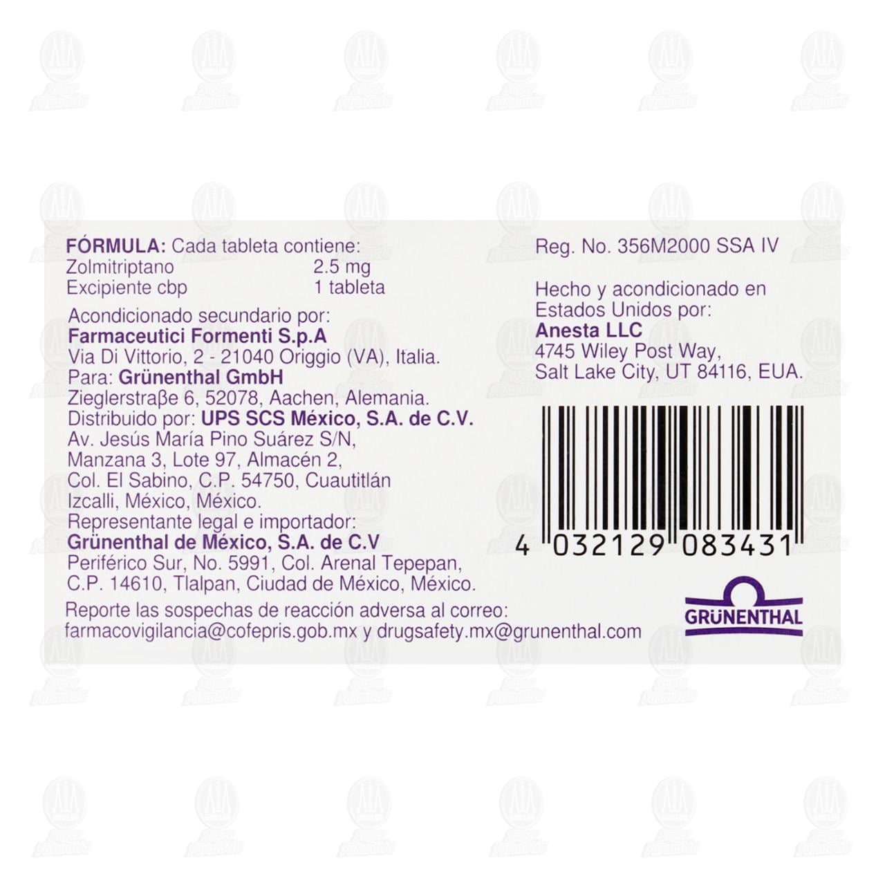 Zomig Rapimelt 2.5 mg, 2 Tabletas. de ZOMIG | Farmacias Guadalajara