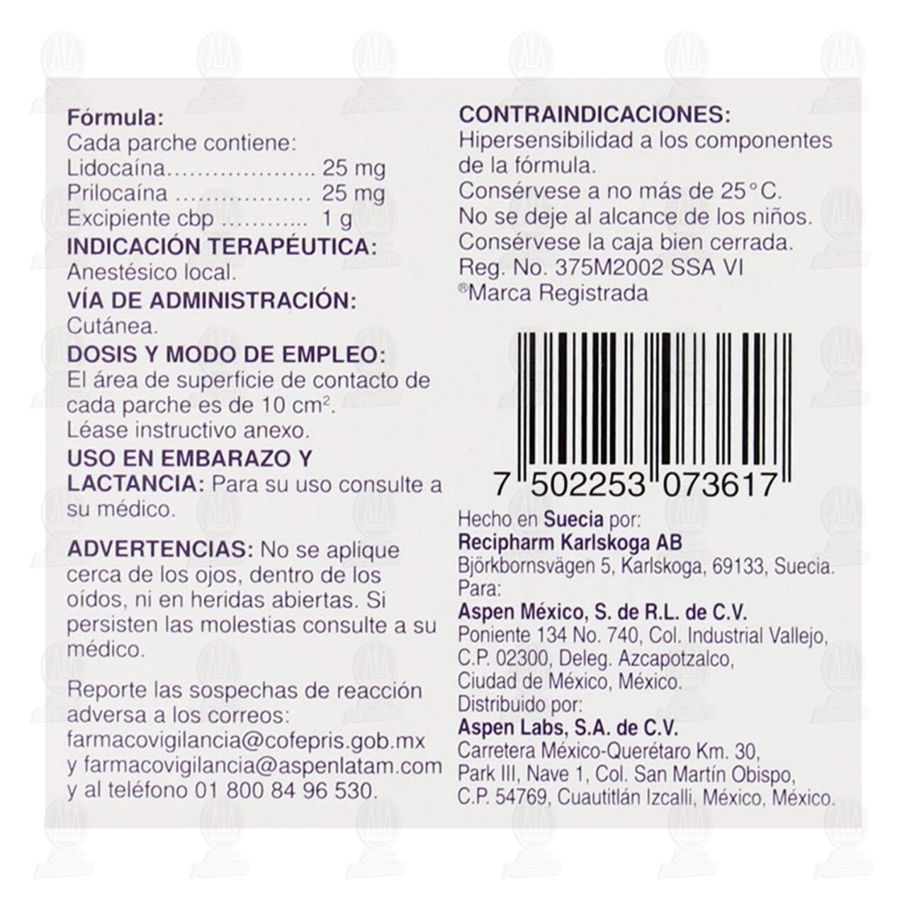 Emla 25mg/25mg, 2 parches. de EMLA | Farmacias Guadalajara